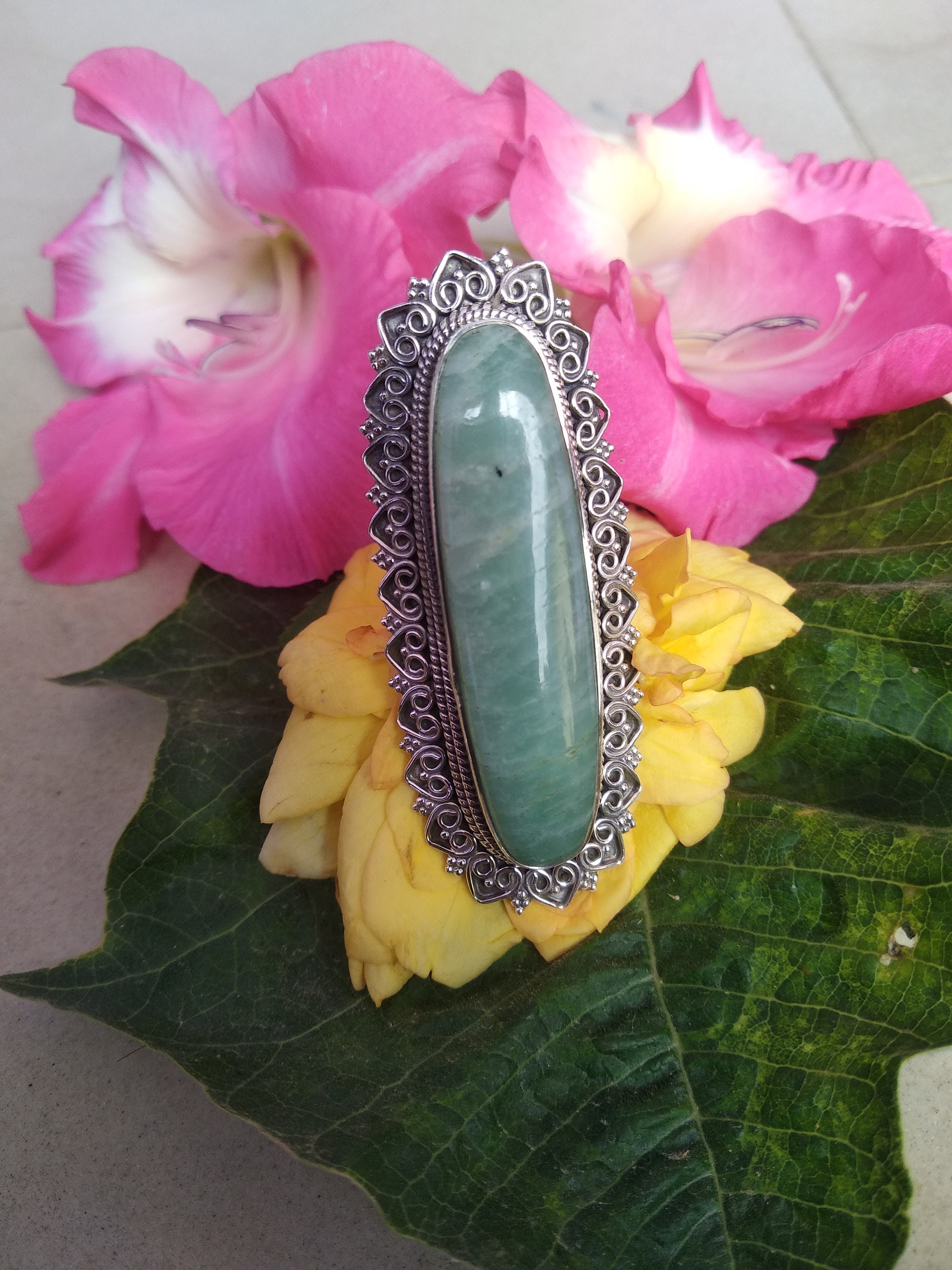 Amazonite Ring Sterling Silver Long Stone Ring Statement Ring - Etsy India