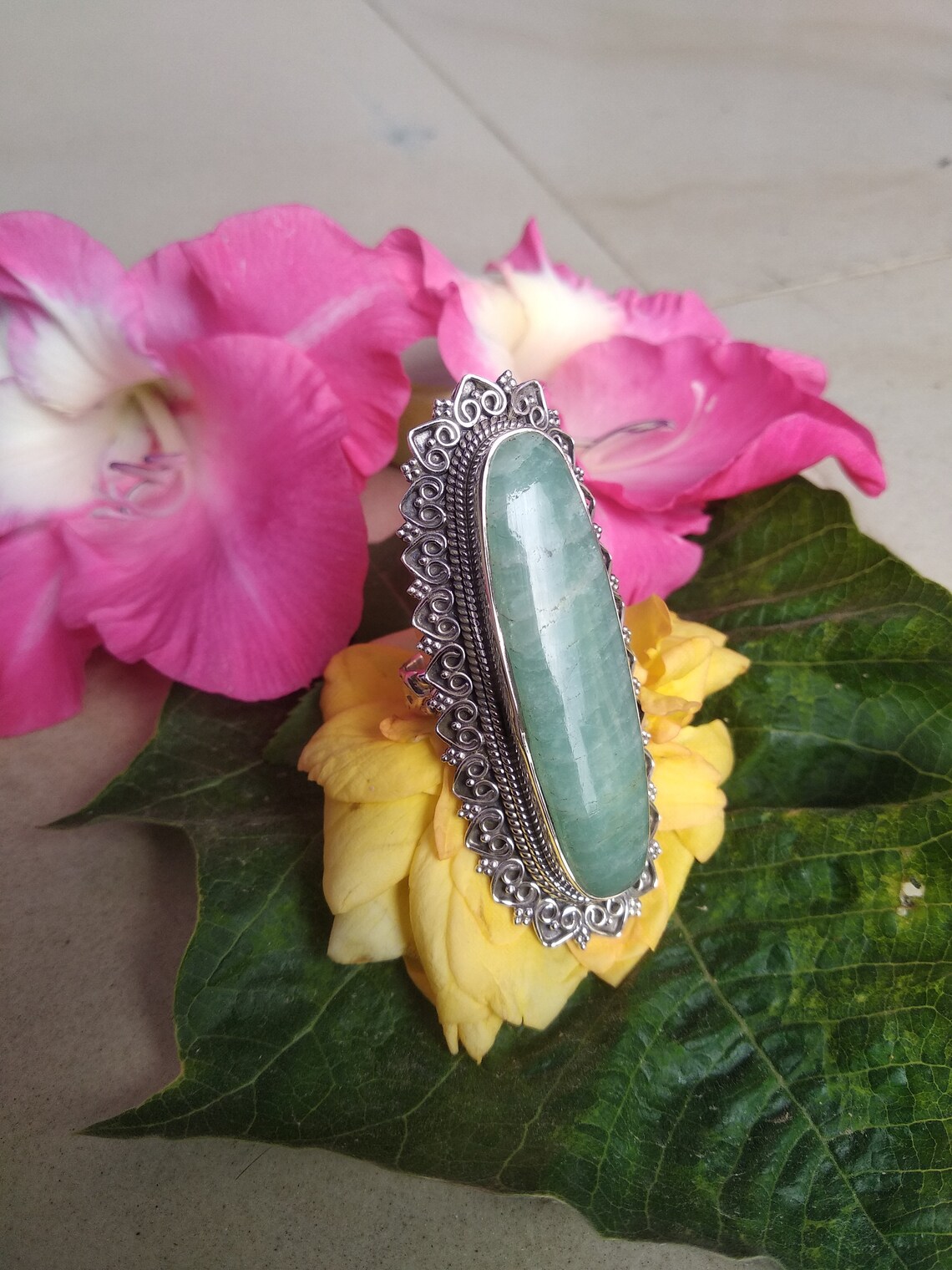Amazonite Ring Sterling Silver Long Stone Ring Statement Ring - Etsy India