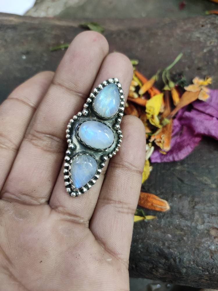 Long Moonstone Ring Sterling Silver Three Stone Ring Black | Etsy