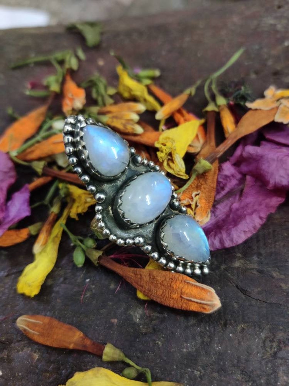 Long Moonstone Ring Sterling Silver Three Stone Ring Black | Etsy