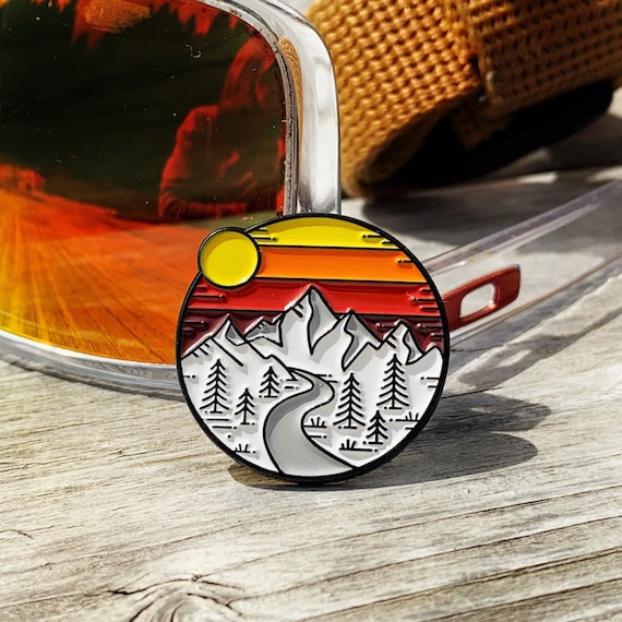 Mountain sunset adventure enamel pin | Etsy