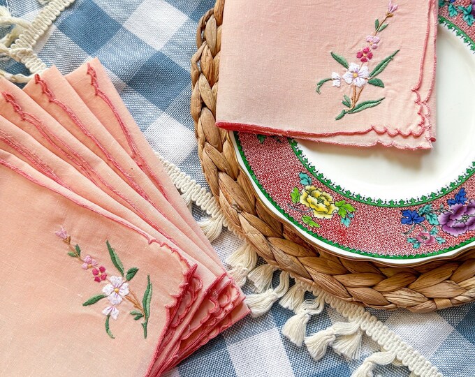 Set of 6 Vintage Peach Embroidered Floral Dinner Napkins With Contrast ...