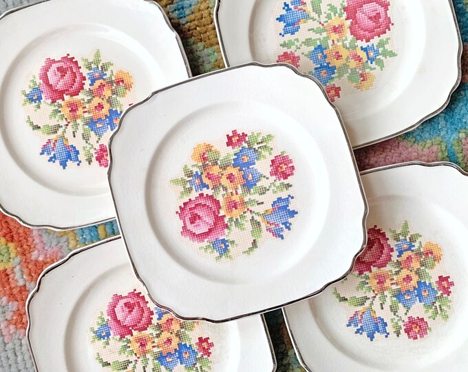 Set of 5 Harker Petit Point Plates - Cross Stitch Floral - Chinoiserie ...