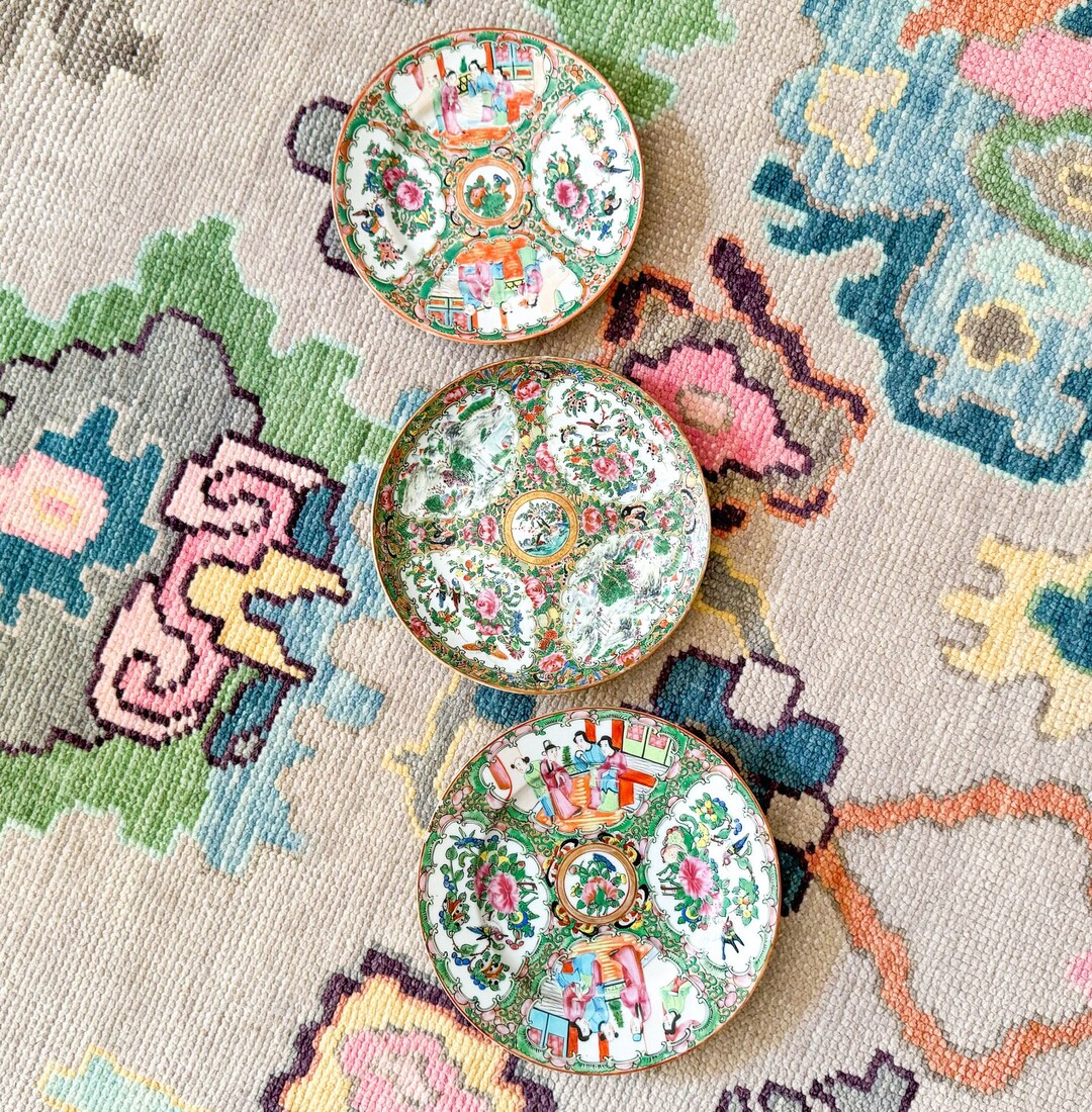 Antique Famille Rose Medallion Plate Wall Trio Stack Chinoiserie ...