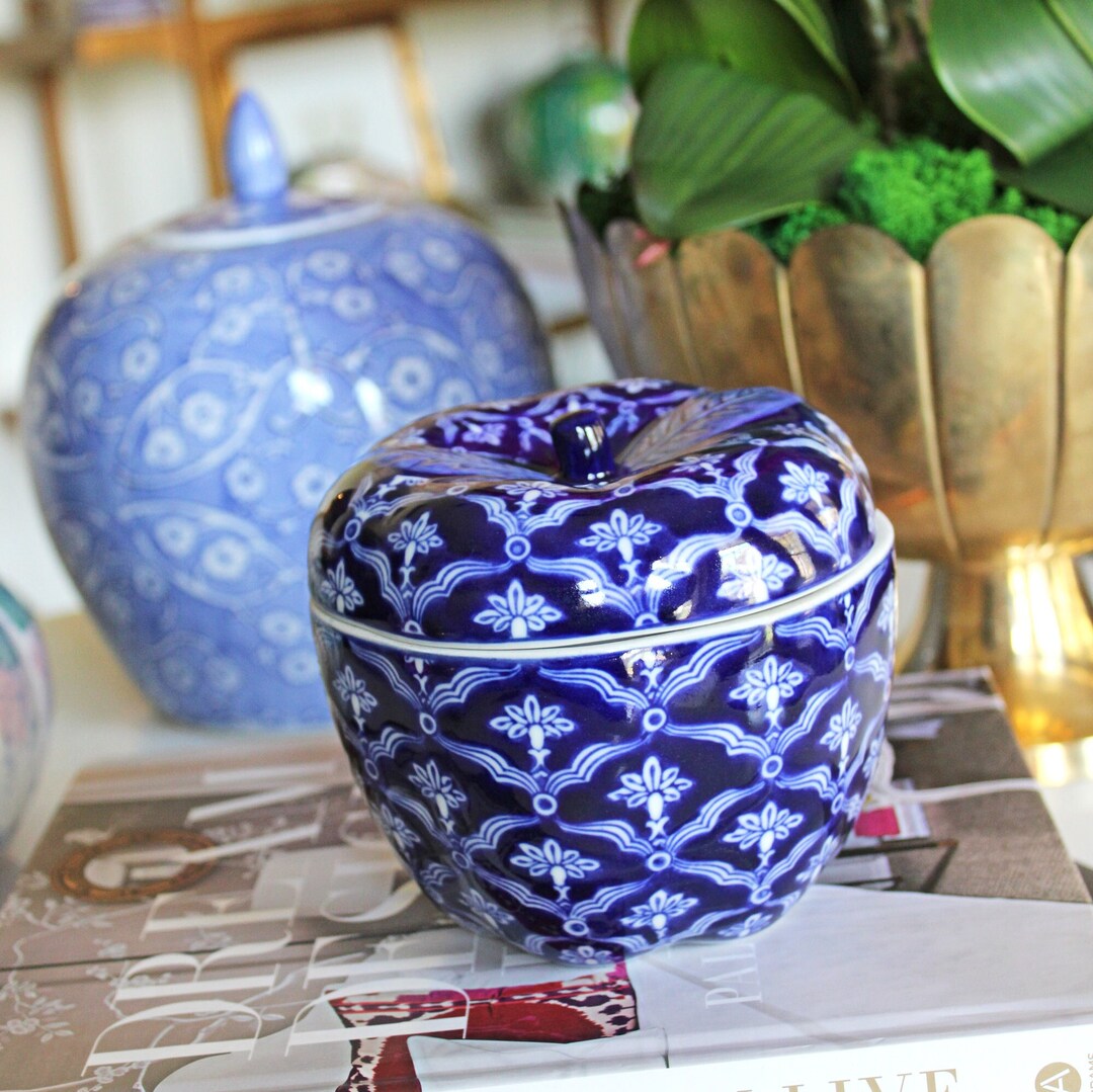Vintage Cobalt Blue Chinoiserie Apple Ceramic Box - Maximalist ...