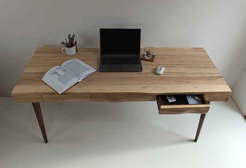 Desk With Drawers, From Solid Wood - Thick Live Edge Top, Sculpted ...