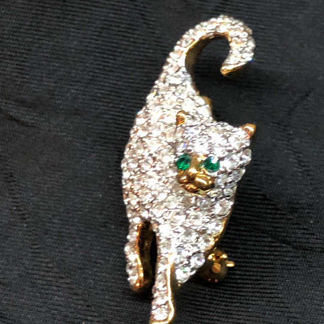 Vintage Rhinestone Cat Brooch Pin With Green Eyes - Etsy UK