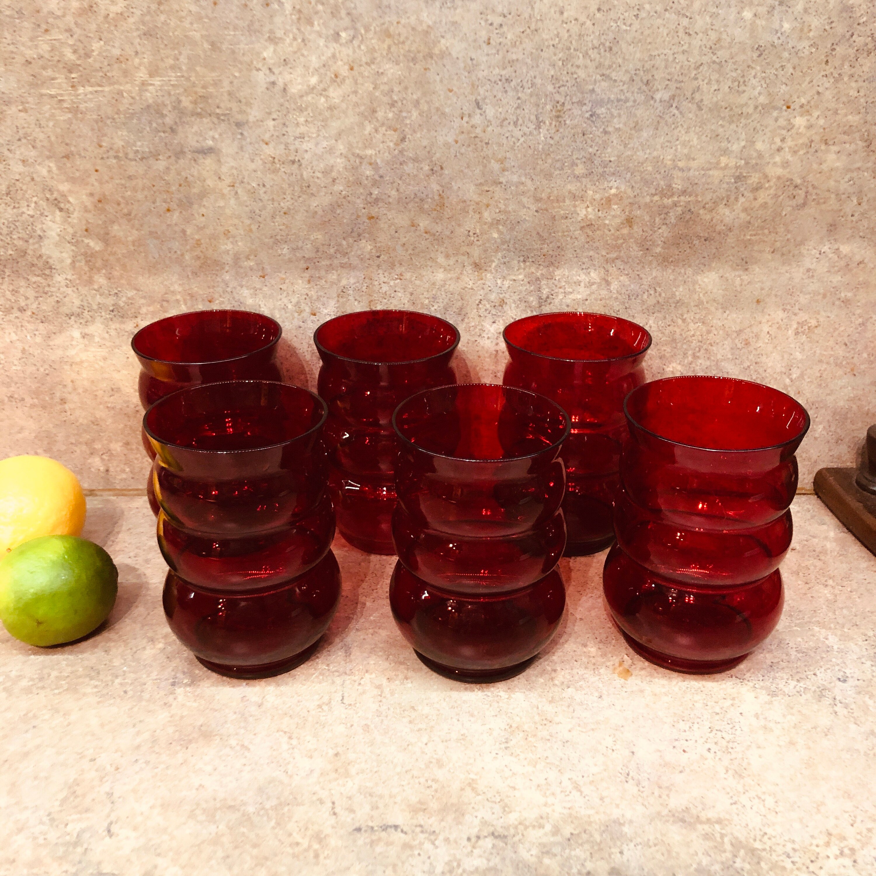 Ruby red cranberry Art Deco glasses set of six | Etsy