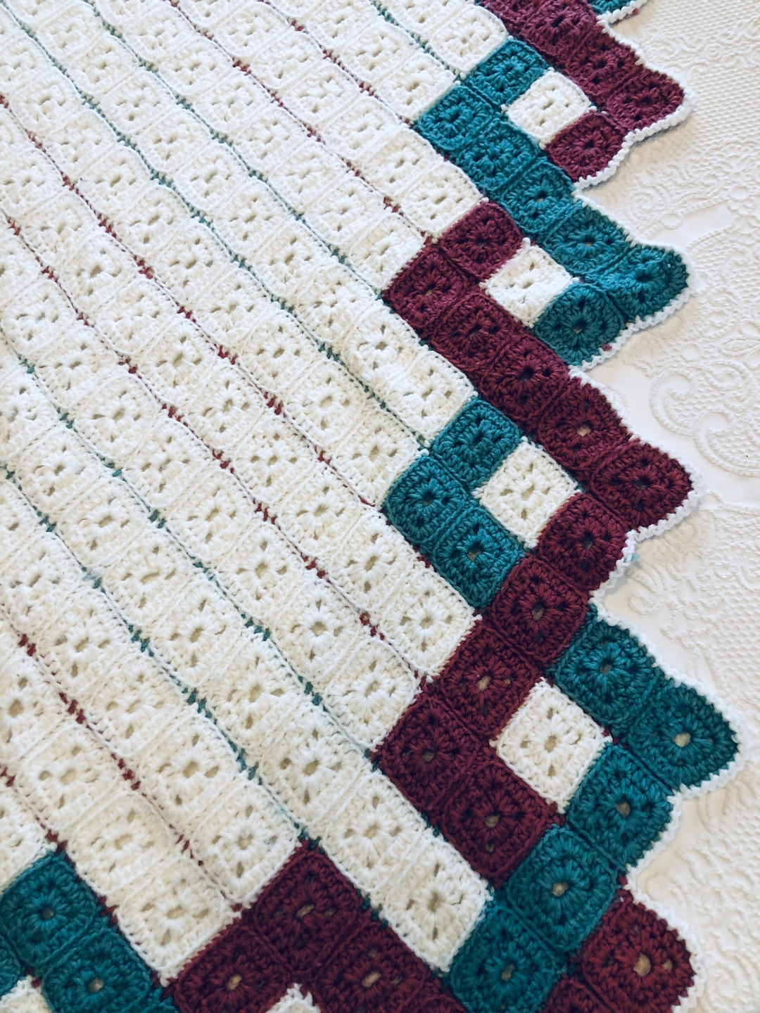 Vintage Granny Square Hand Crocheted White Sage Green and Rust Red ...