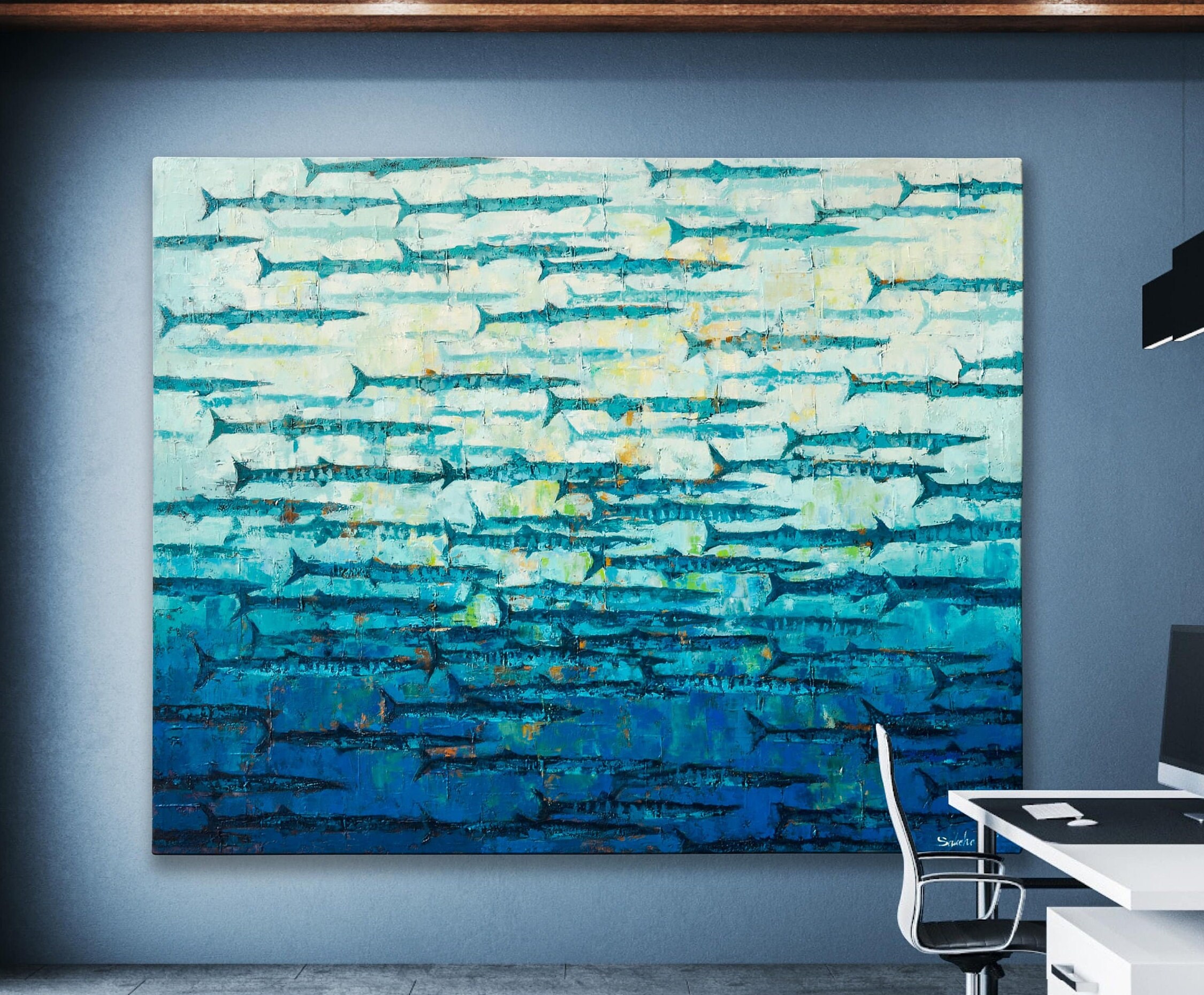 Fish Painting Barracuda School of Fish, Original Barracuda Oil Painting ...