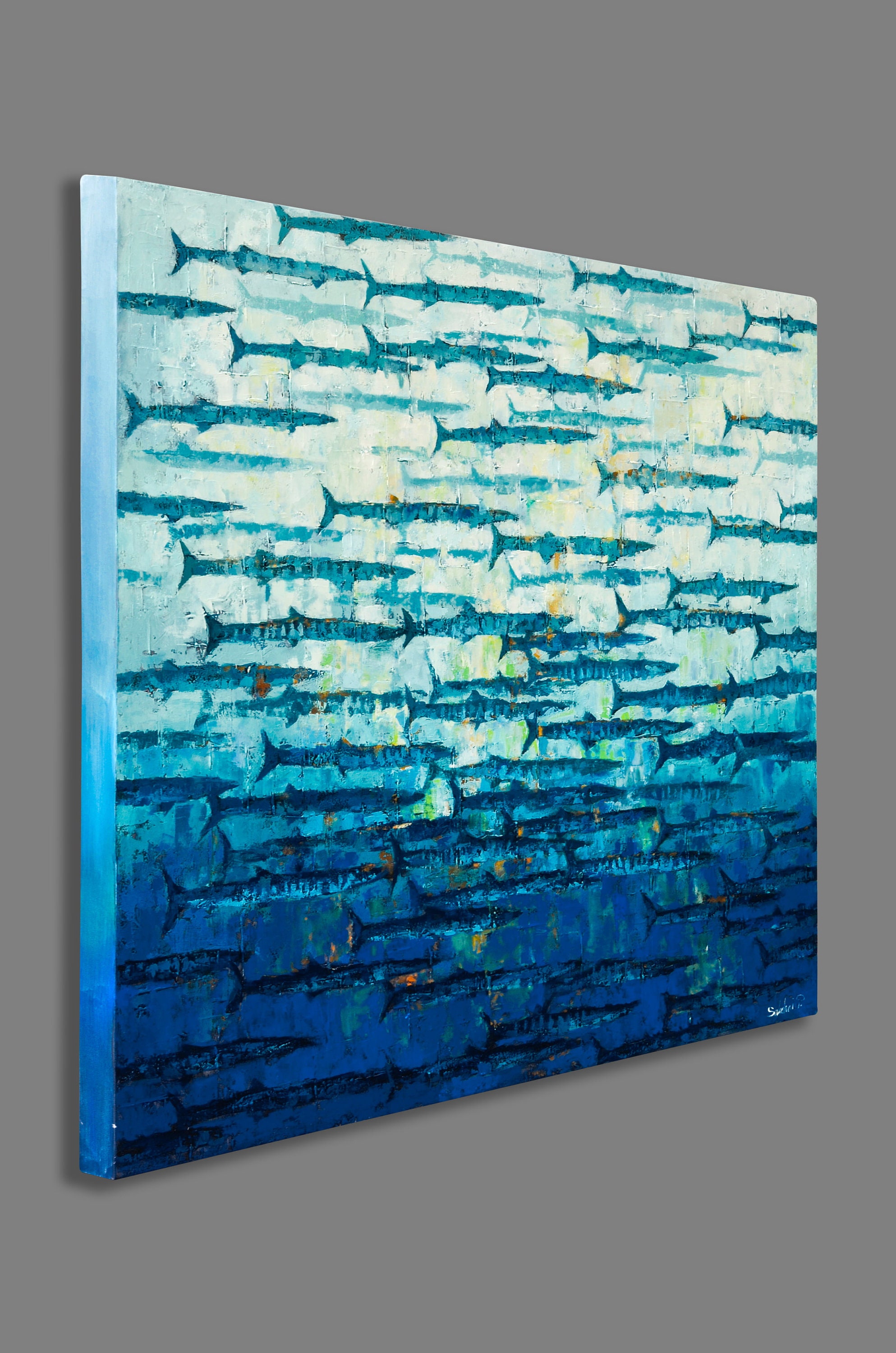 Fish Painting Barracuda School of Fish, Original Barracuda Oil Painting ...