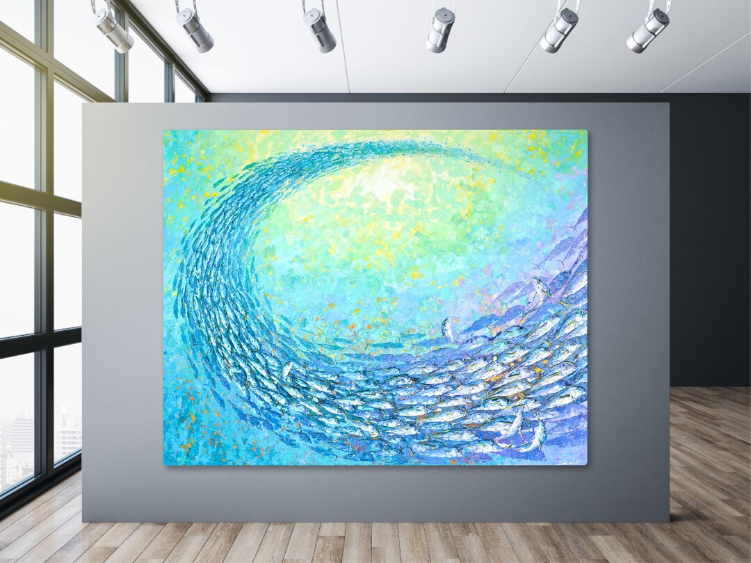 Fish Painting Curve School of Fish, Original Mackerel Oil Painting ...