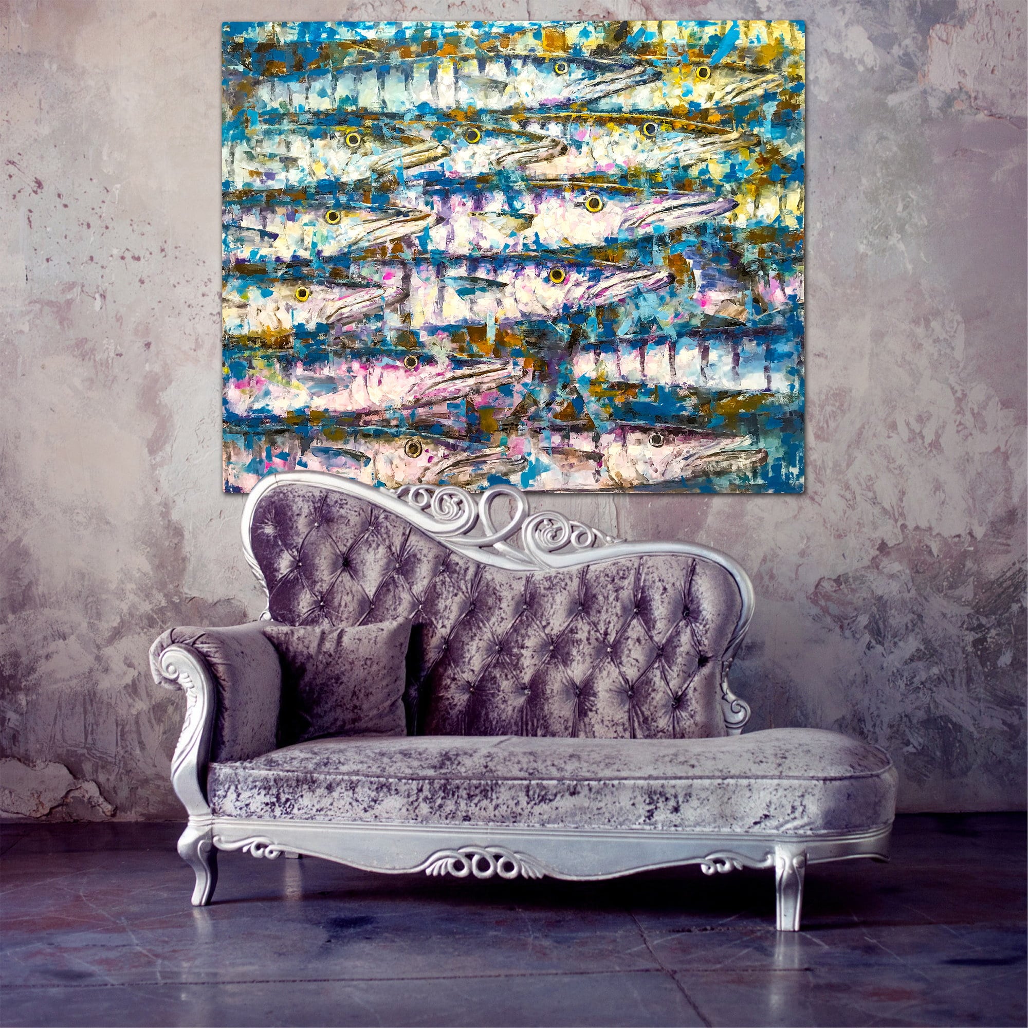 Fish Painting Barracuda School of Fish, Original Barracuda Oil Painting ...
