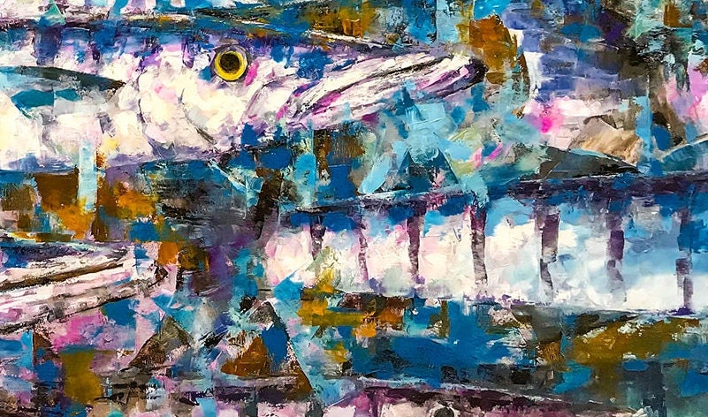 Fish Painting Barracuda School of Fish, Original Barracuda Oil Painting ...