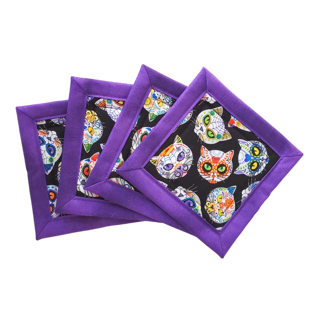 Cat Day of the Dead Sugar Skulls Handmade Cotton Fabric Coaster Mug ...