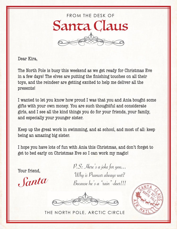 CUSTOM Letter From Santa Return Letter From Santa Customized - Etsy Canada