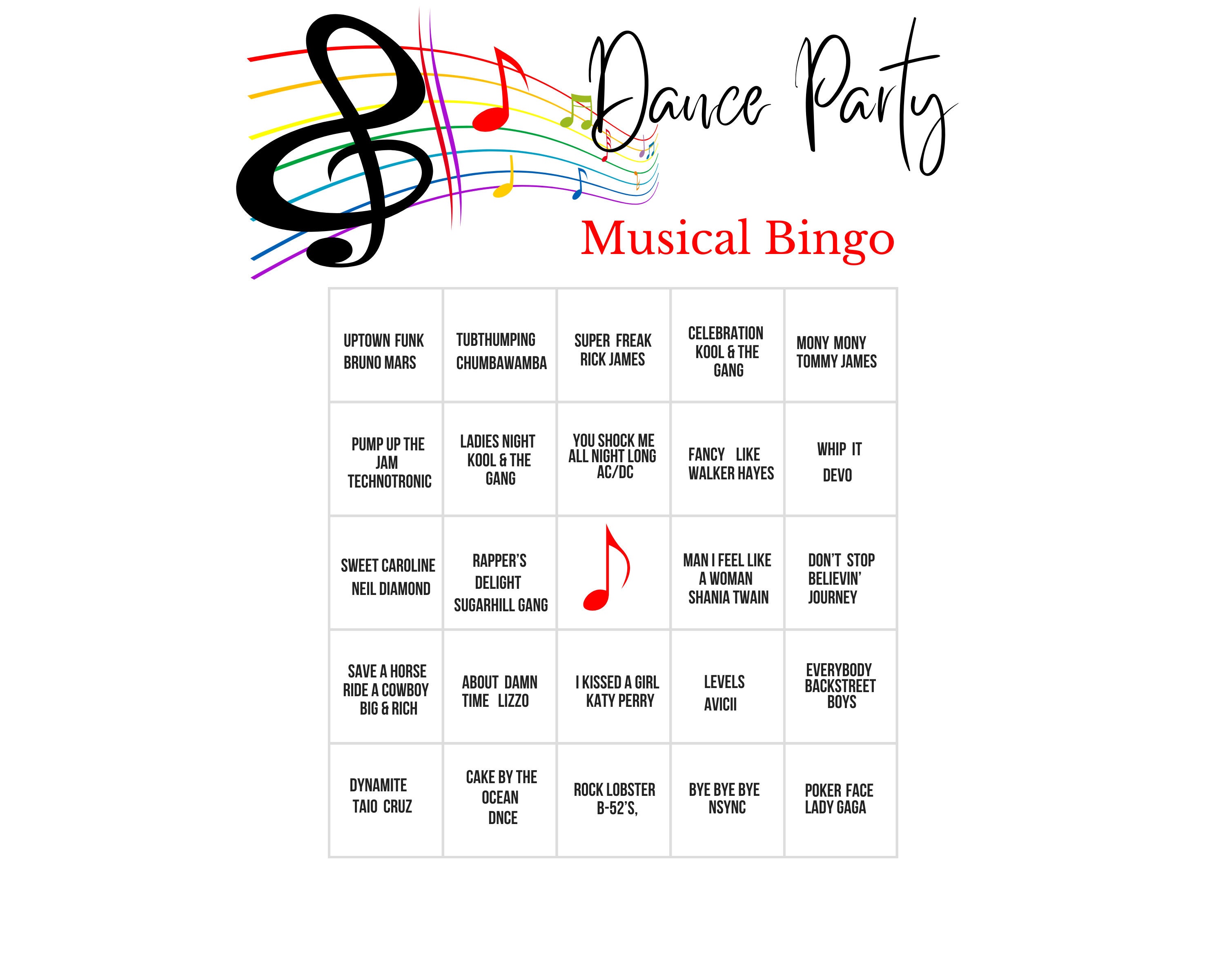 Dance Party Musical Bingo| Musical Bingo| Printable Party Bingo| Party ...