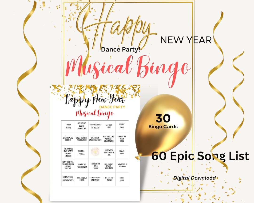New Years Eve Musical Bingo, New Year's Printable Bingo, Dance Party ...