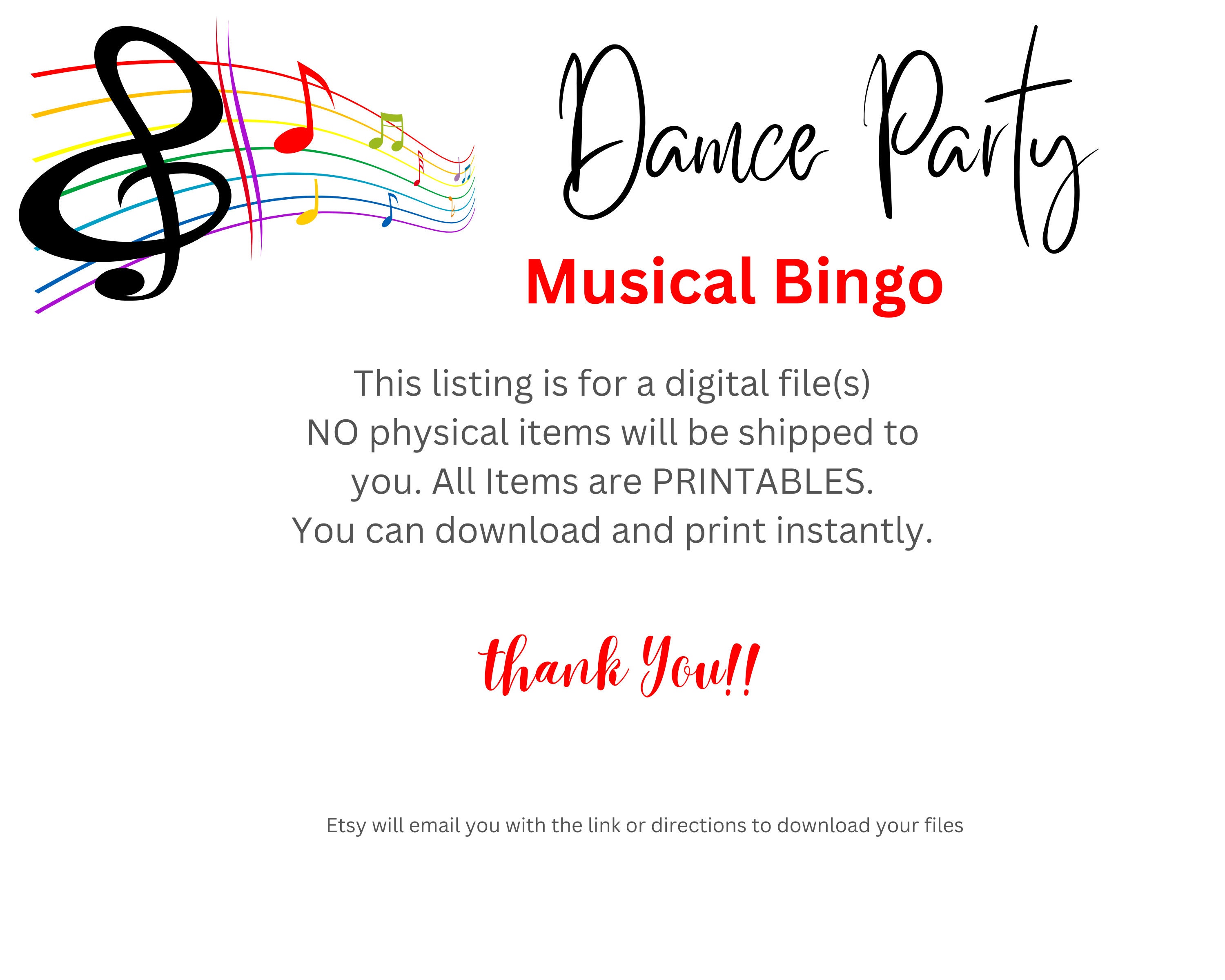 Dance Party Musical Bingo Musical Bingo Printable Party Bingo Party ...