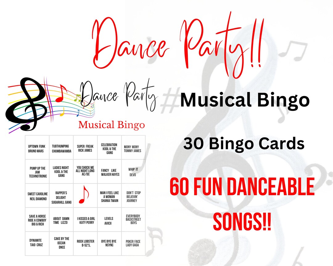 Dance Party Musical Bingo| Musical Bingo| Printable Party Bingo| Party ...