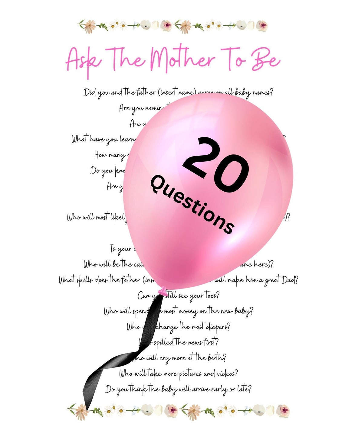 Baby Shower Game, Ask the Mom to Be 20 Questions, Ice Breaker Questions ...
