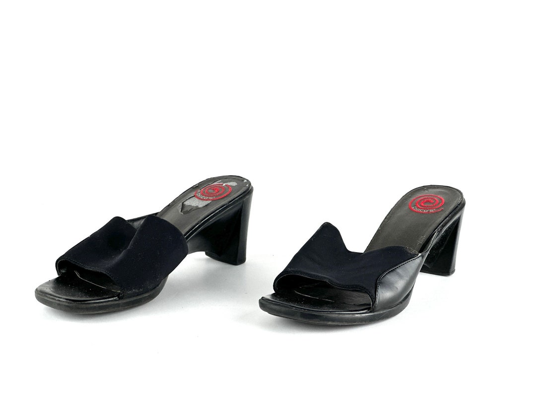 Black VEGAN Platform Square Toe OPEN Toe Slides Vintage Style Platform ...