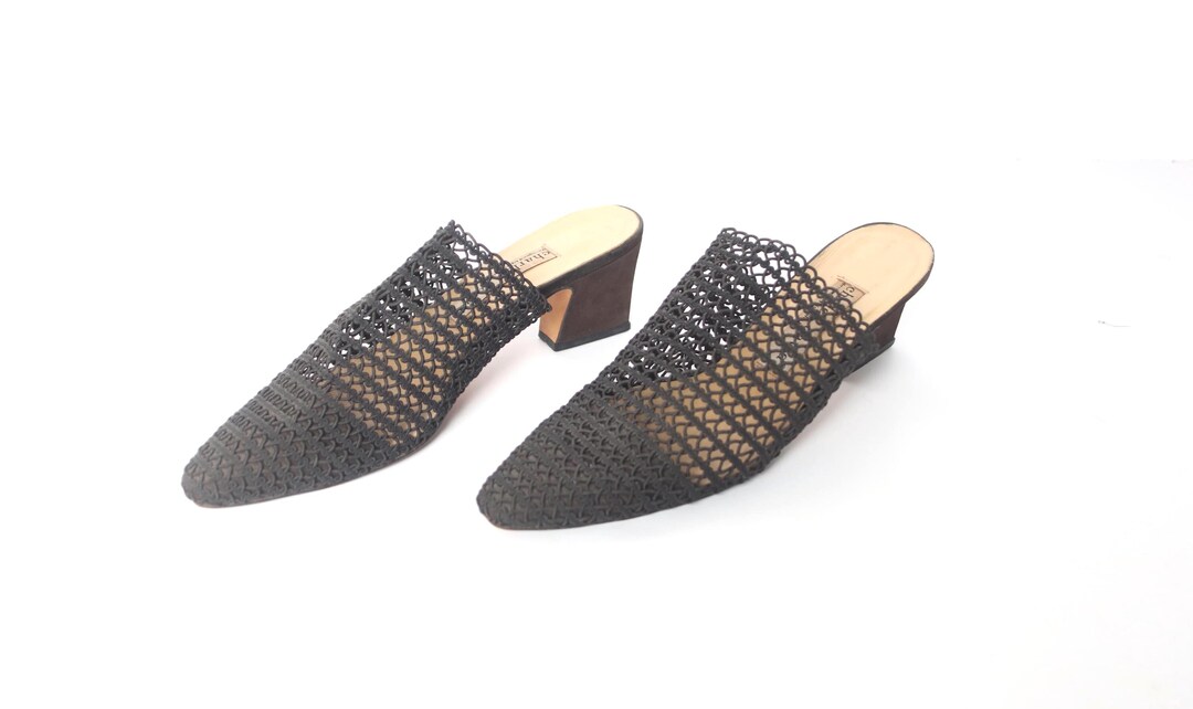 Vintage BLACK 80s Heeled PLATFORM Slides Crotchet Knit Style WOMEN'S ...