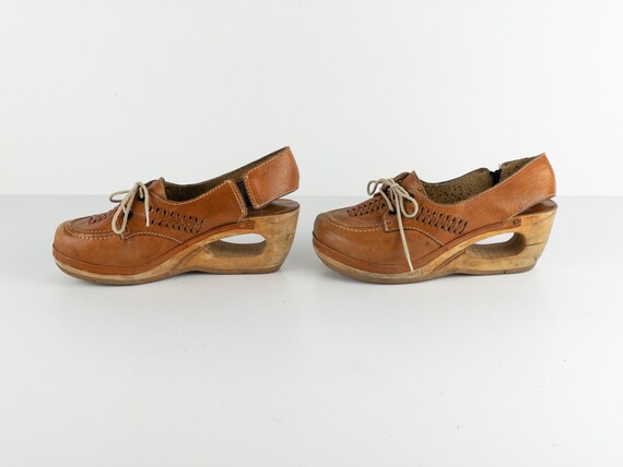 Vintage 1970s ORIGINAL 70s wood leather clog women's … - Gem