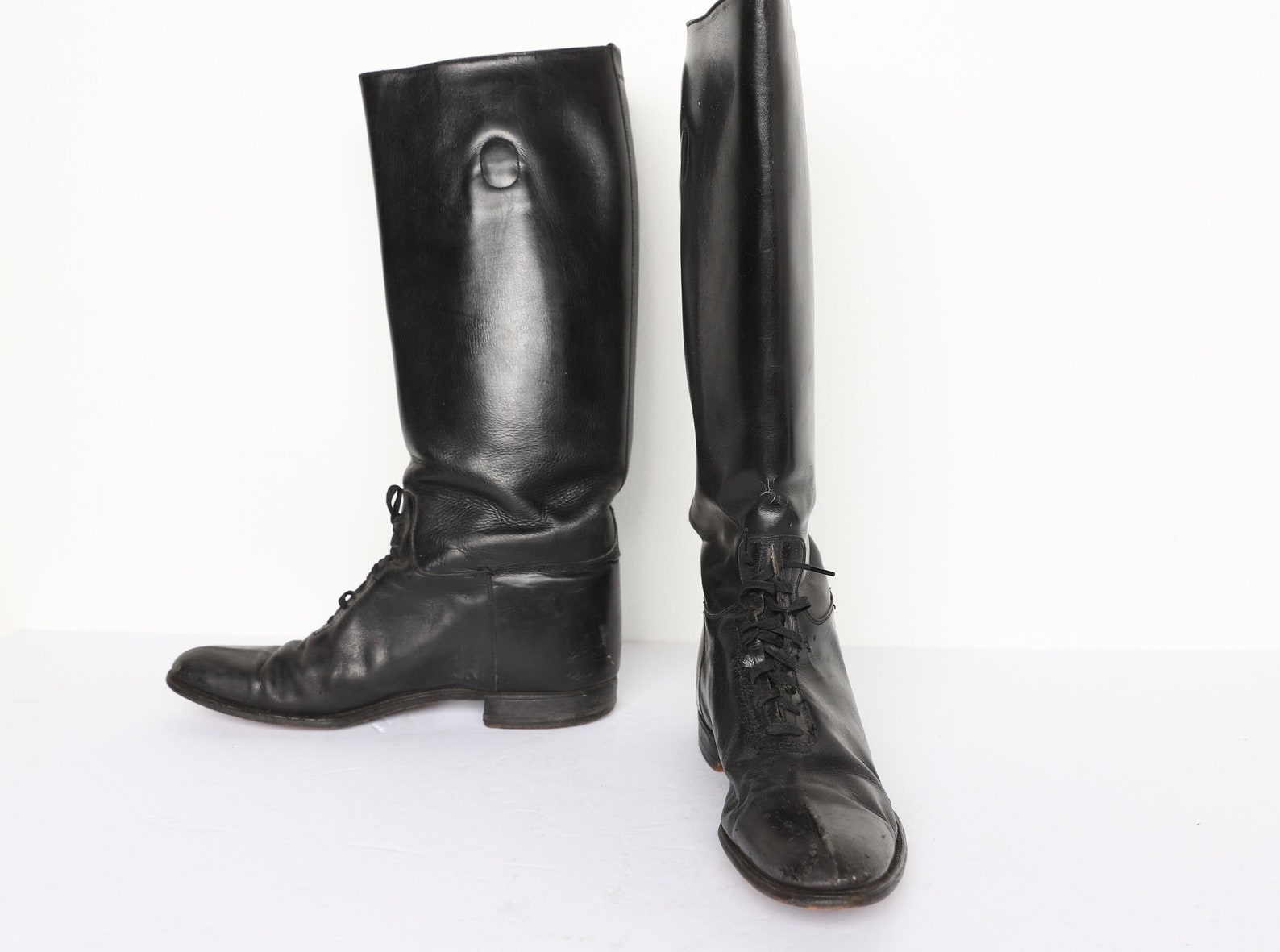Vintage BLACK Tall RIDING Boots Black Leather Mid-century Nailed Soles ...