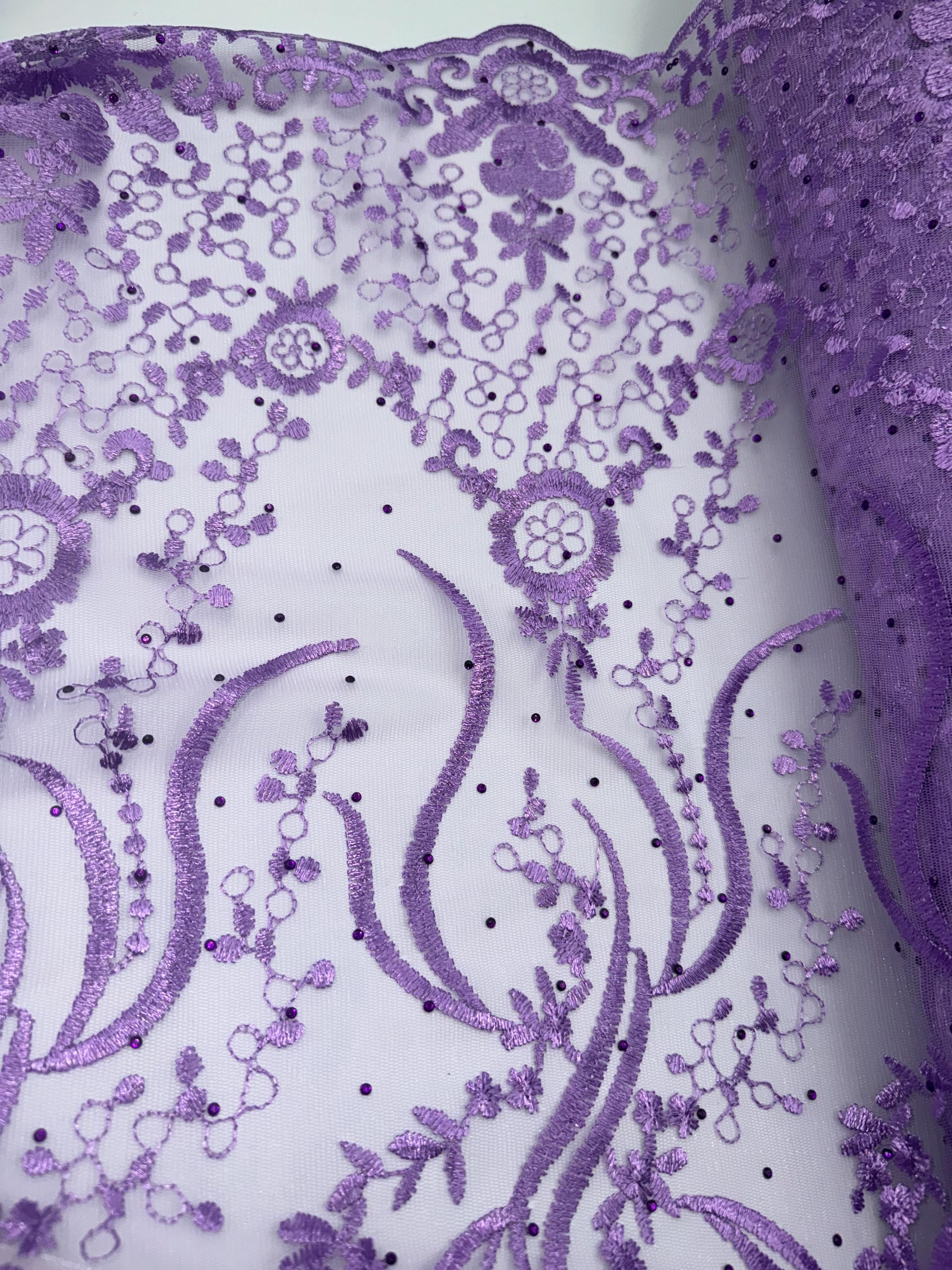 Purple Floral Embroided Studded Scalloped Tulle Net Bridal Fabric..52 ...