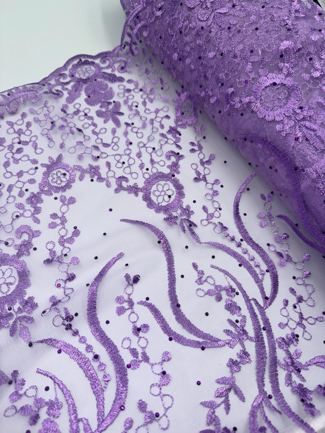Purple Floral Embroided Studded Scalloped Tulle Net Bridal Fabric..52 ...