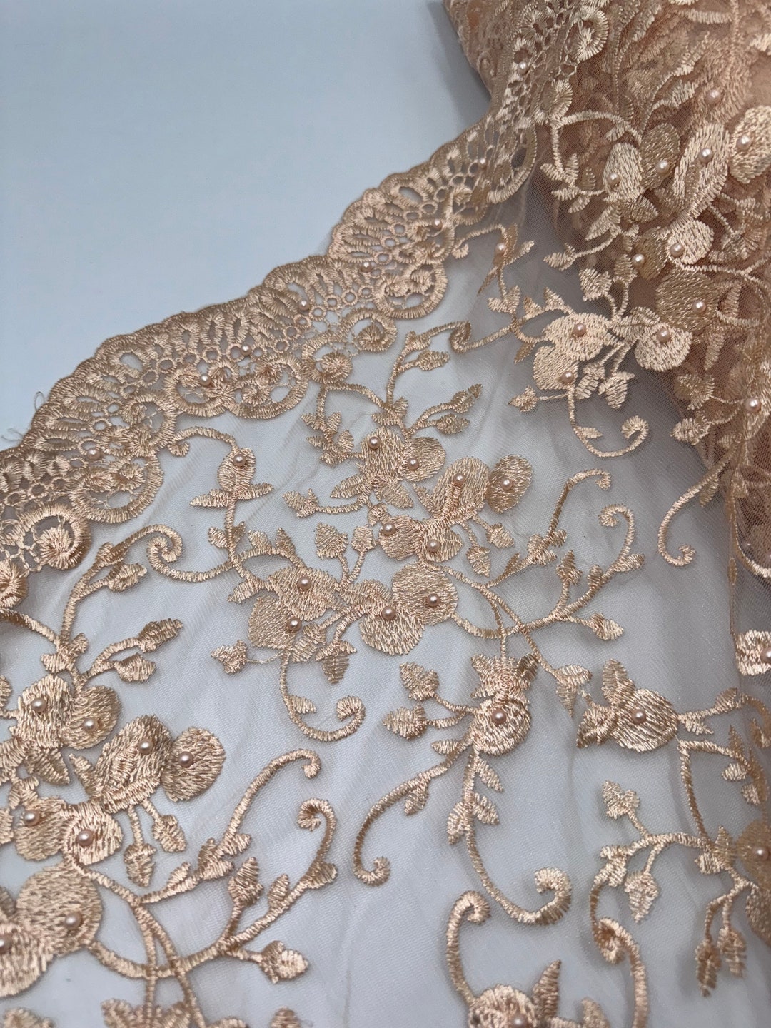 Peachy Gold Floral Embroided Pearl Scalloped Tulle Net Bridal Fabric ...