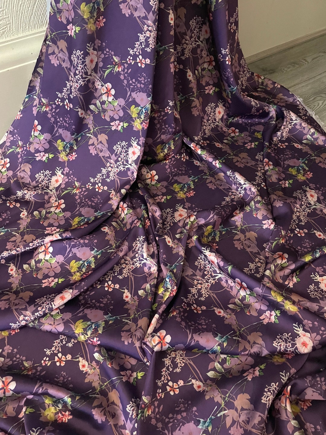 1 Mtr Dark Purple Floral Printed Lightweight Silky Charmeuse Satin ...