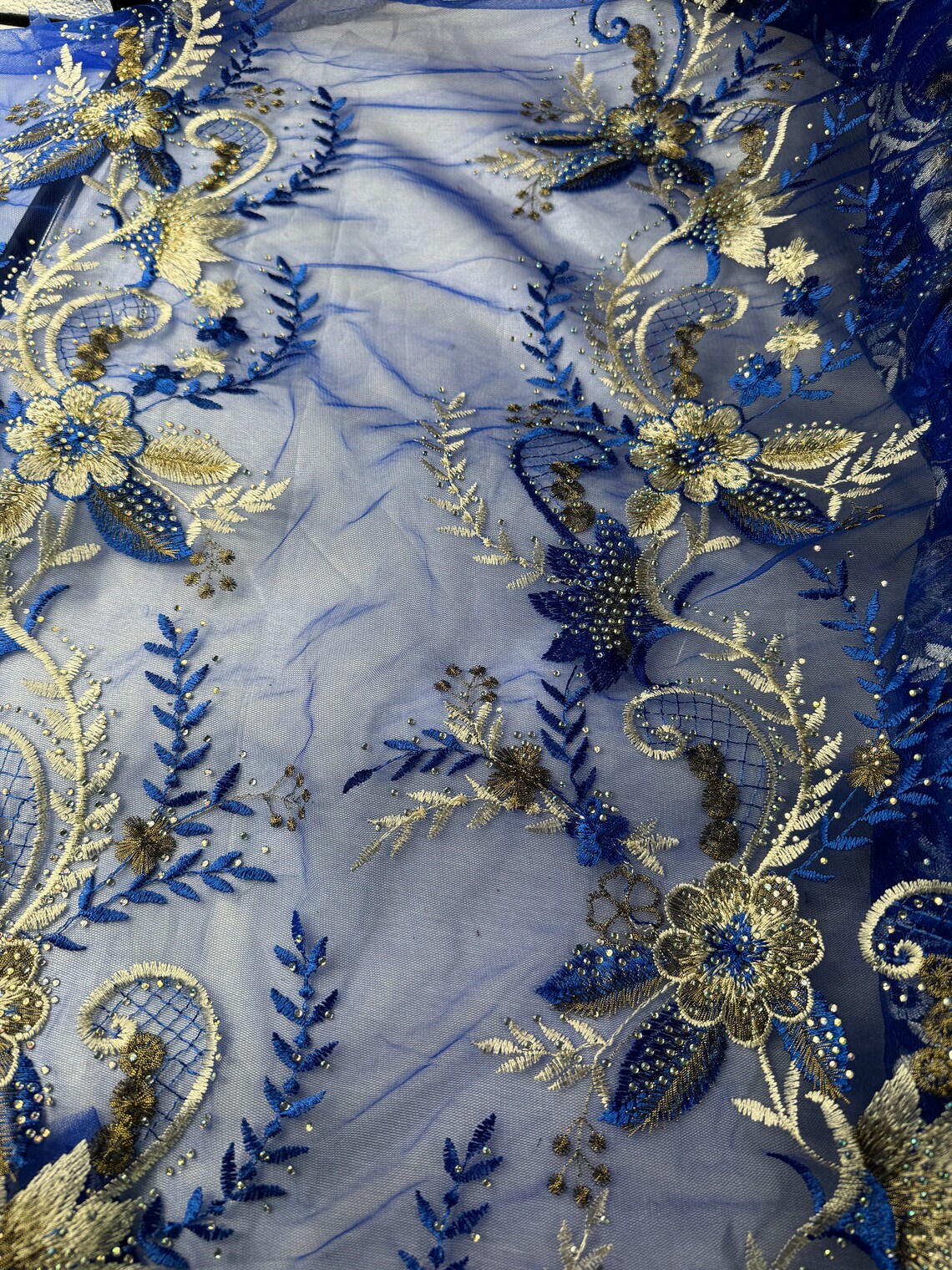 Royal Blue Floral Embroided Studded Scalloped Tulle Net Bridal Fabric ...