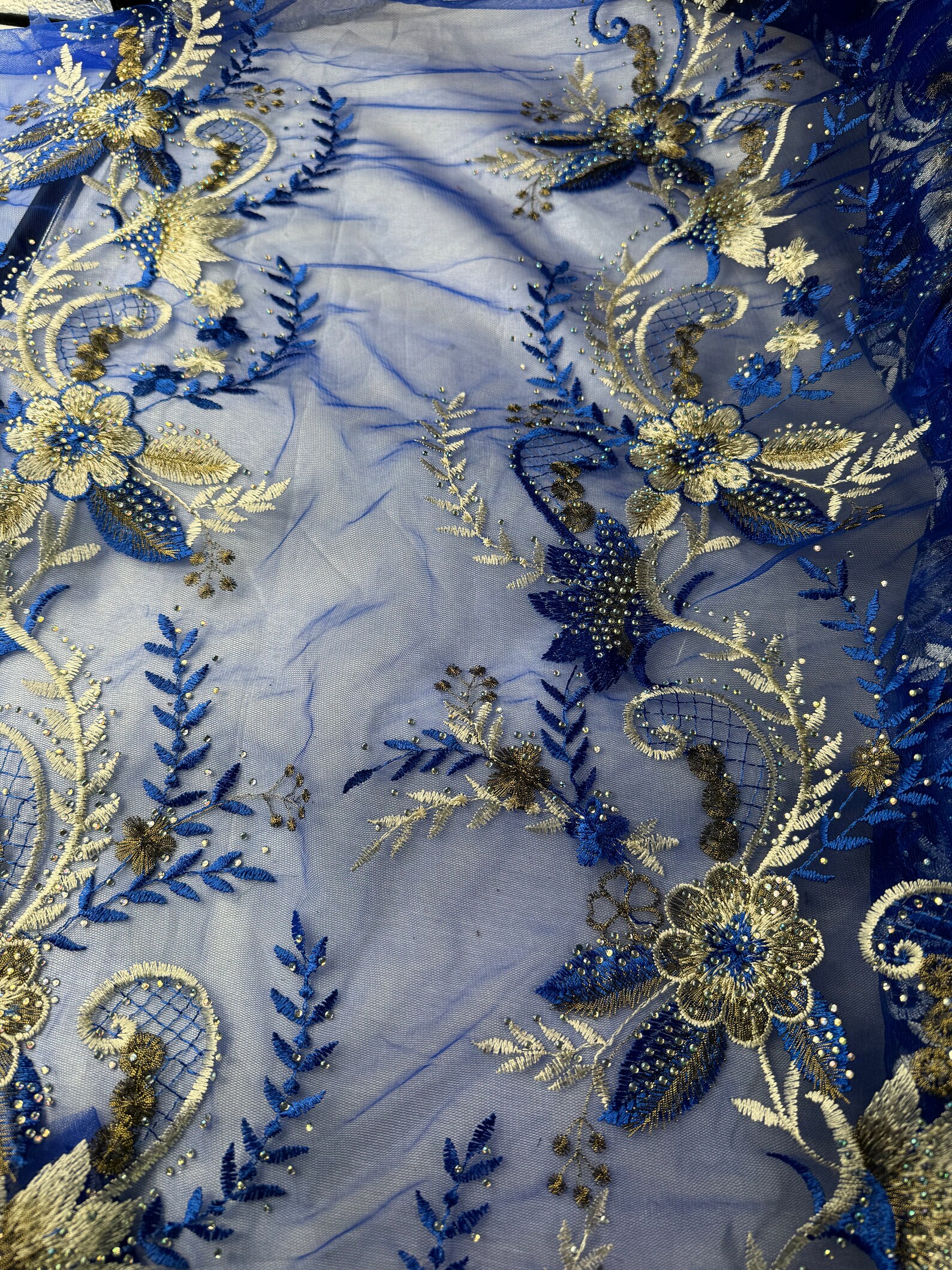 Royal Blue Floral Embroided Studded Scalloped Tulle Net Bridal Fabric ...