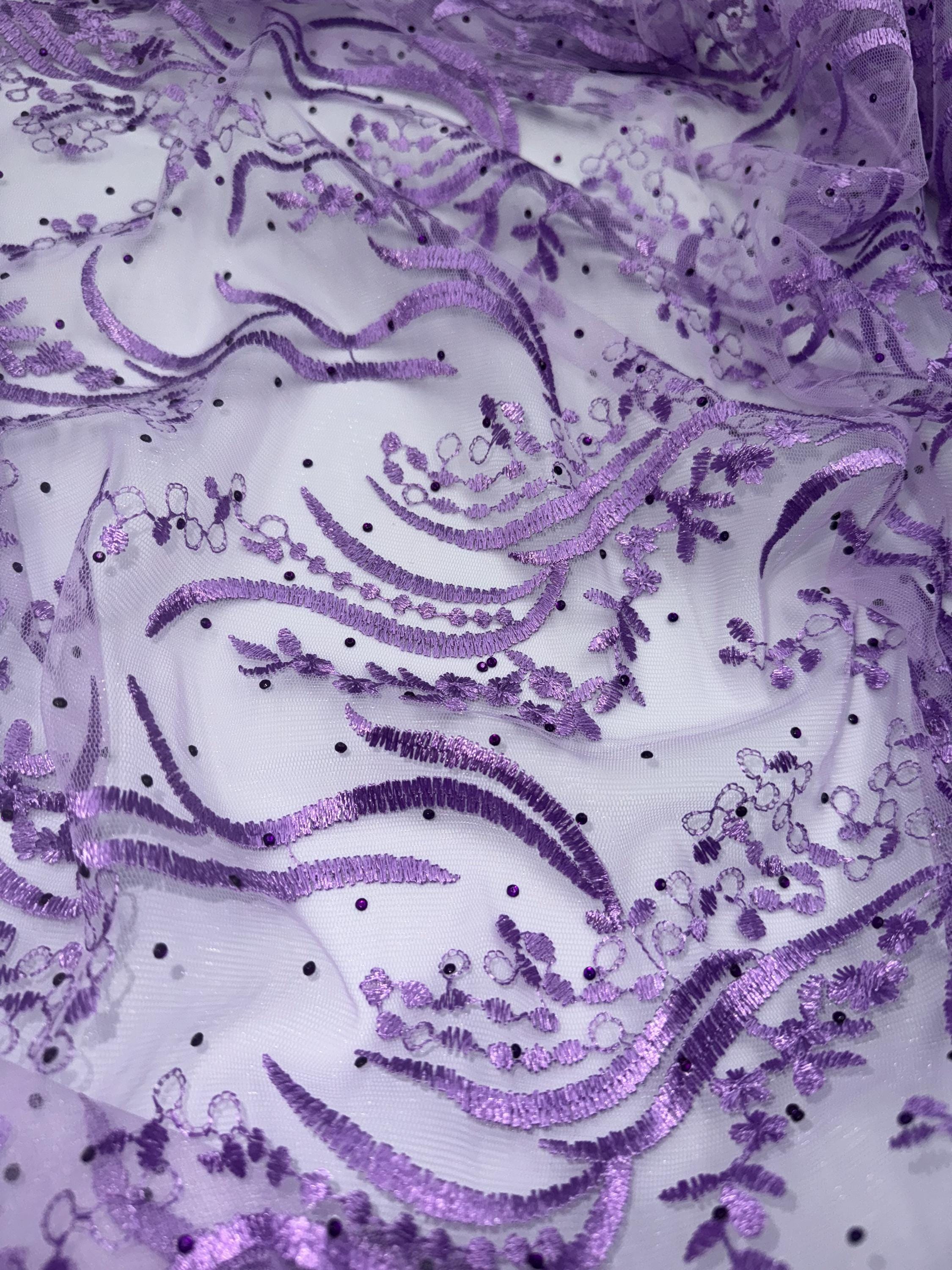 Purple Floral Embroided Studded Scalloped Tulle Net Bridal Fabric..52 ...