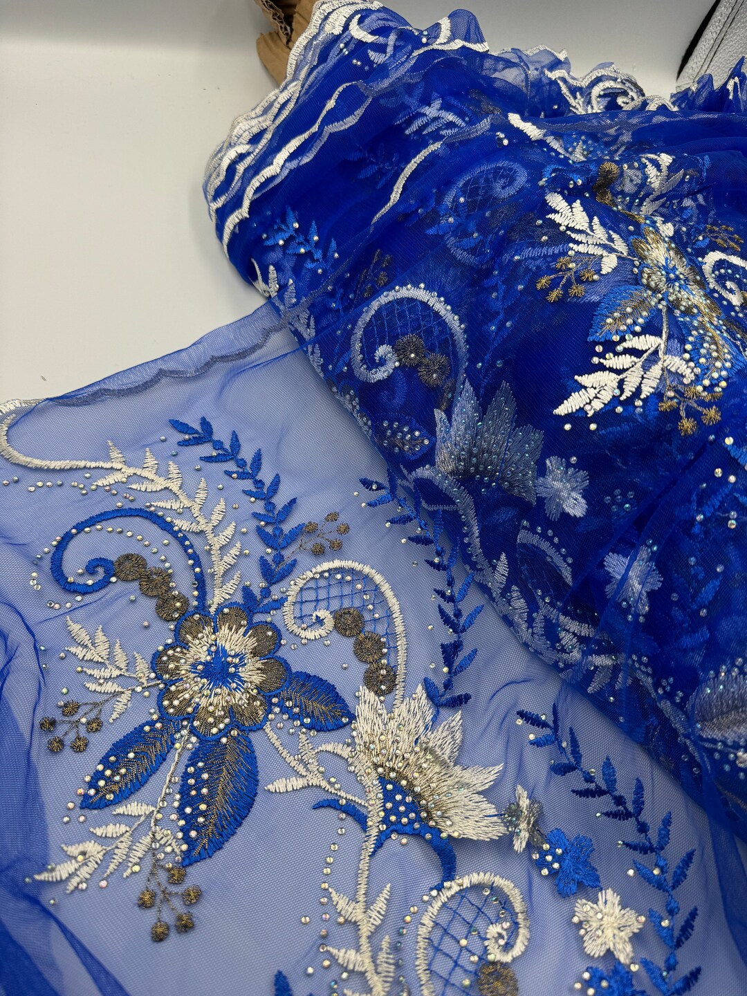 Royal Blue Floral Embroided Studded Scalloped Tulle Net Bridal Fabric ...