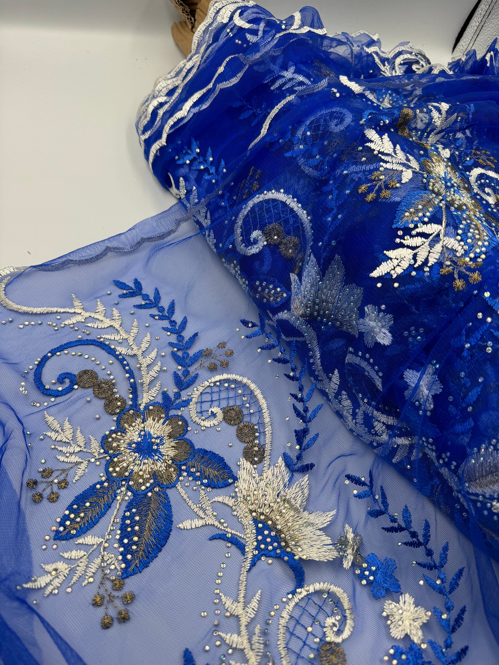 Royal Blue Floral Embroided Studded Scalloped Tulle Net Bridal Fabric ...