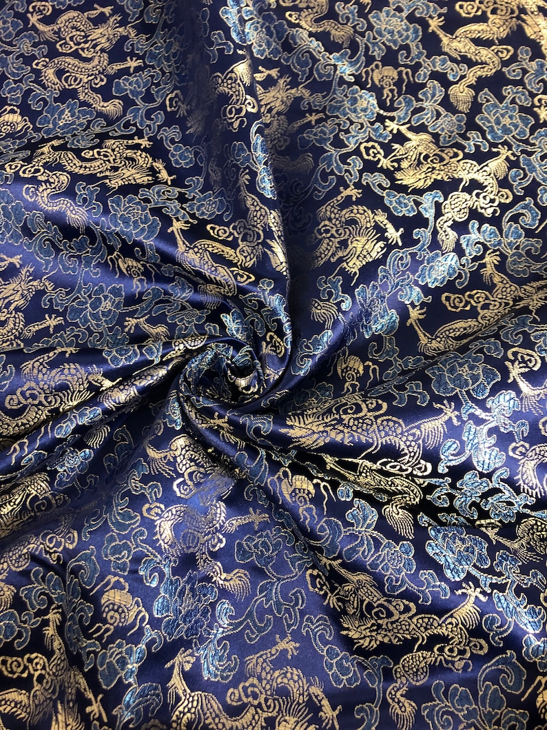 1 Mtr Navy Blue/silver Oriental Dragon Chinese Brocade Fabric..45" Wide ...