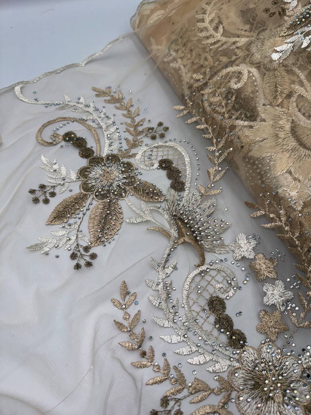 Ivory/ Gold Floral Embroided Studded Scalloped Tulle Net Bridal Fabric ...