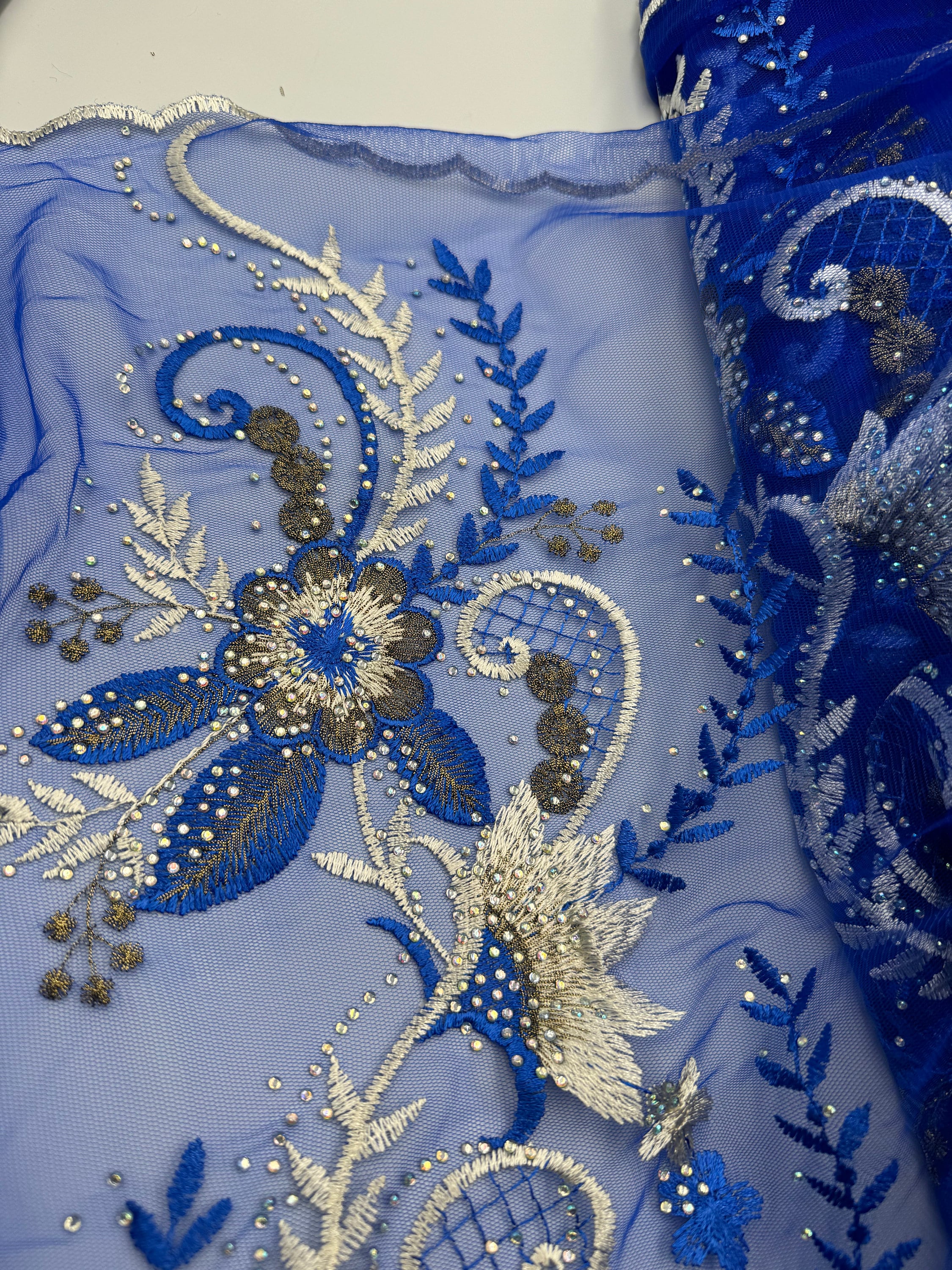Royal Blue Floral Embroided Studded Scalloped Tulle Net Bridal Fabric ...