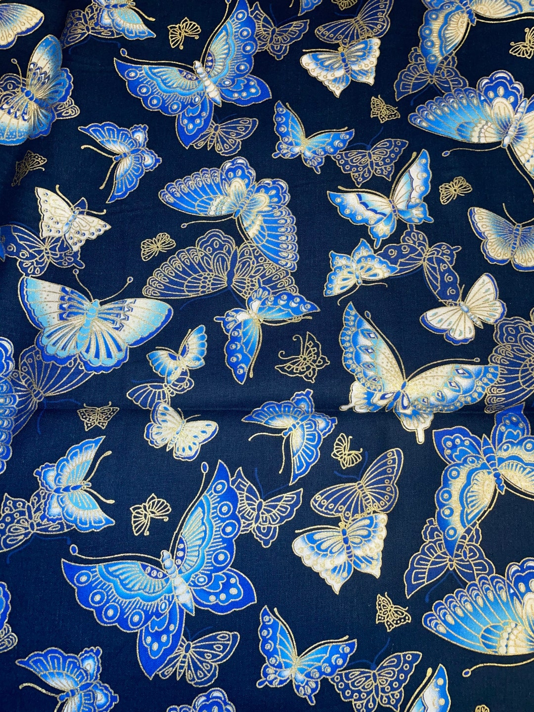 1 Mtr Navy Blue Butterfly Japanese Print 100% Cotton Fabric...58” Wide ...
