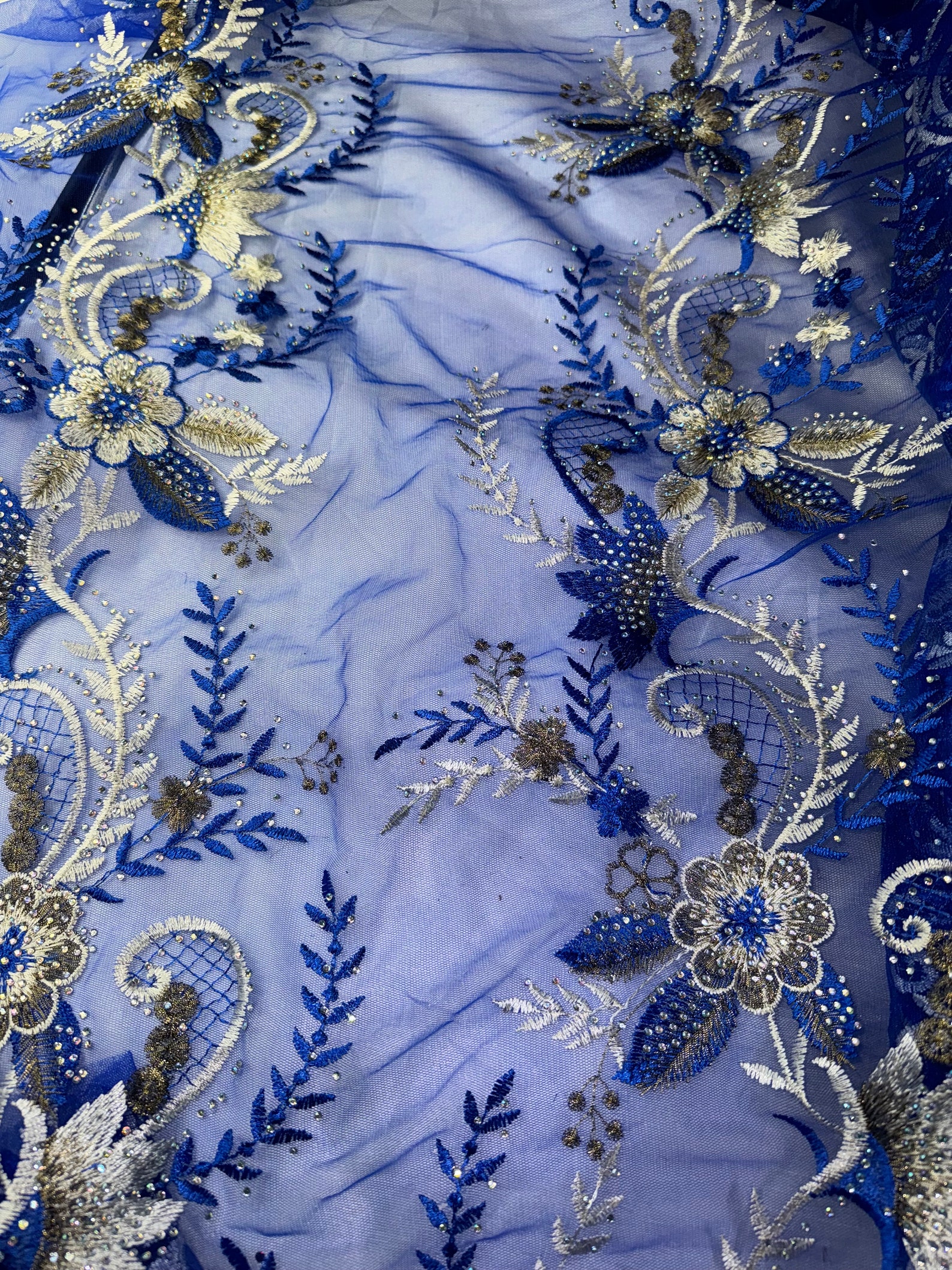 Royal Blue Floral Embroided Studded Scalloped Tulle Net Bridal Fabric ...