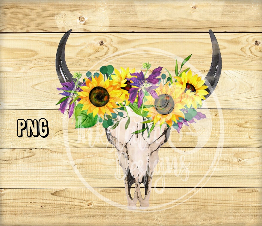 Rustic Boho Cow Skull With Sunflowers and Purple Lillies Digital ...