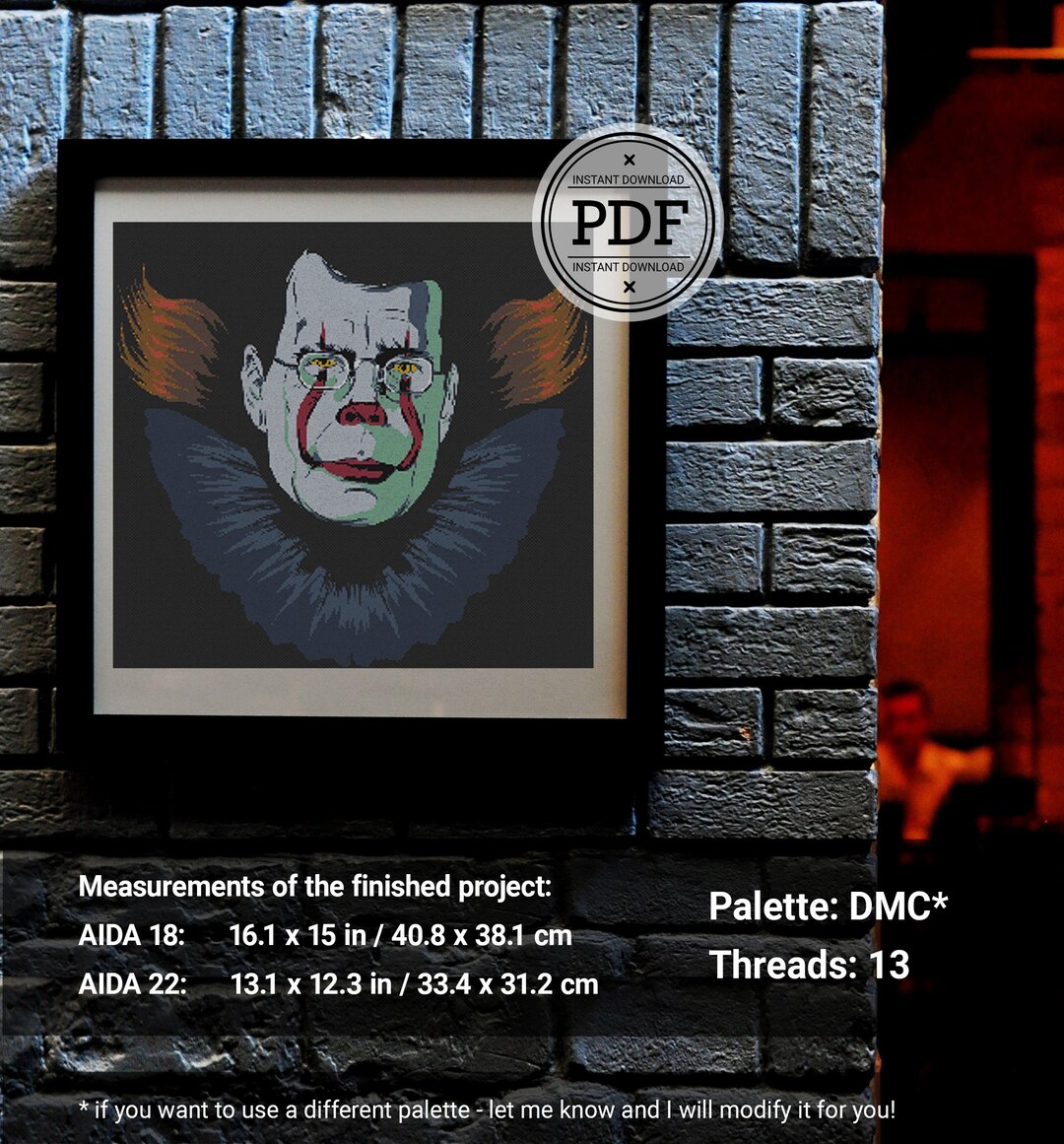 Stephen King Pennywise Cross Stitch Pattern, Pennywise Cross Stitch ...