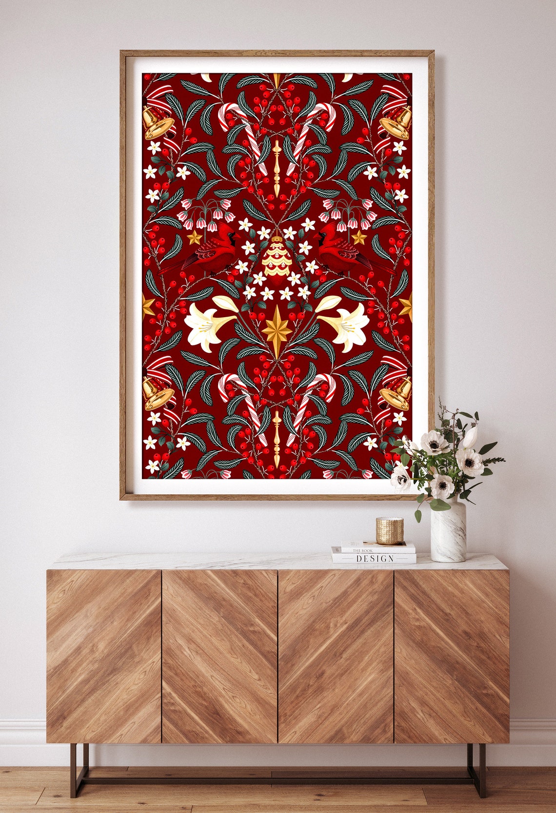 Christmas Day Art Print, Cardinals, Christmas Ornaments, Botanical ...