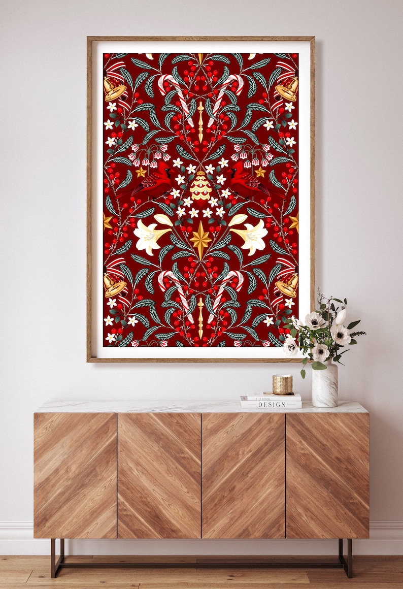 Christmas Day Art Print, Cardinals, Christmas Ornaments, Botanical ...