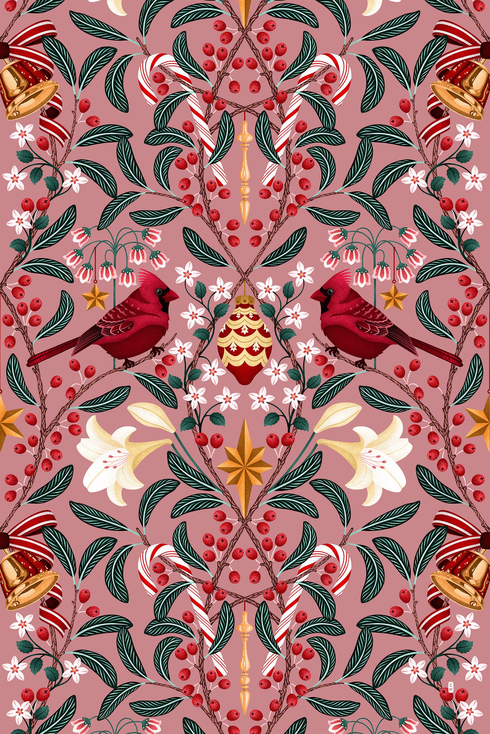 Christmas Day Art Print, Cardinals, Christmas Ornaments, Botanical ...