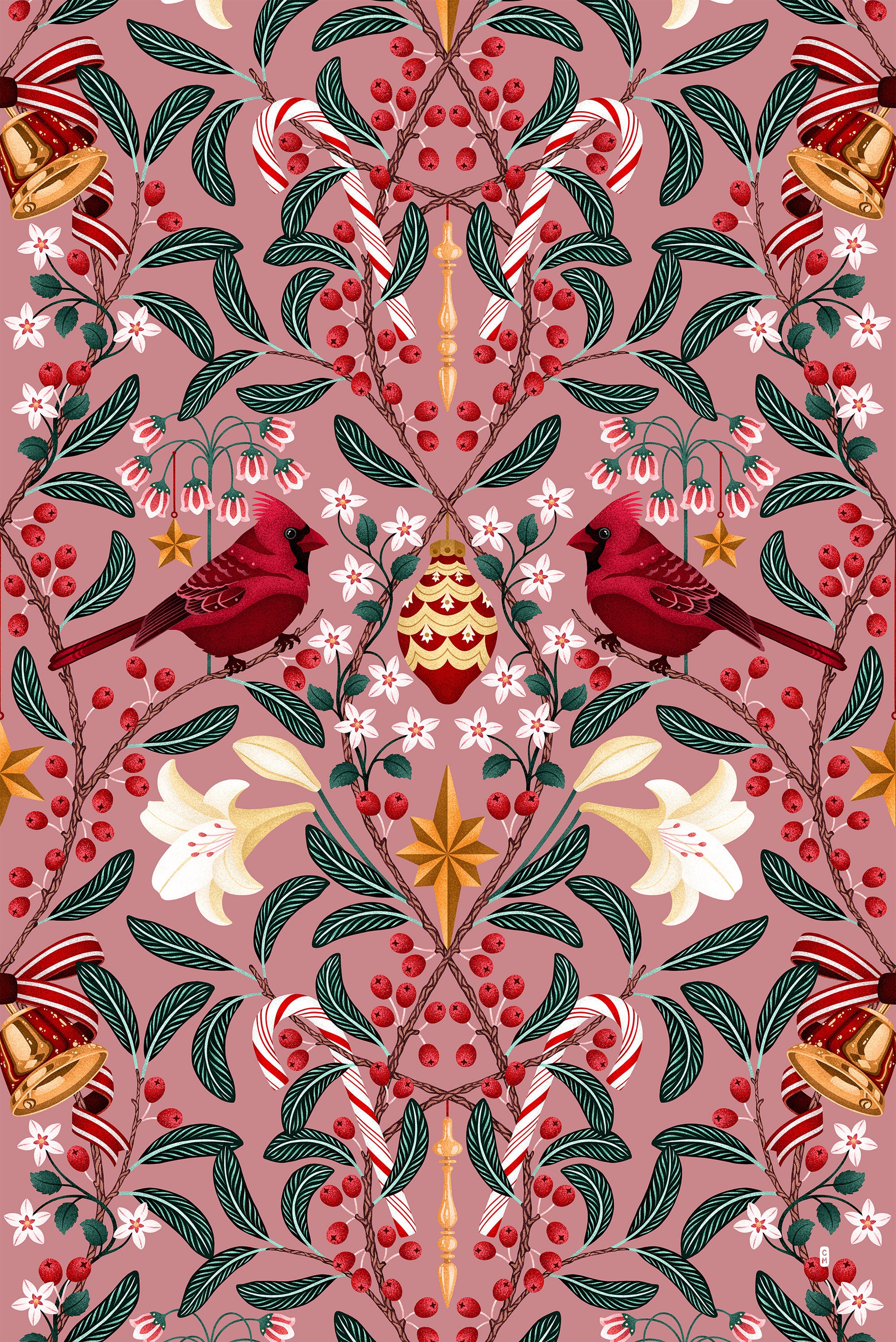 Christmas Day Art Print, Cardinals, Christmas Ornaments, Botanical ...