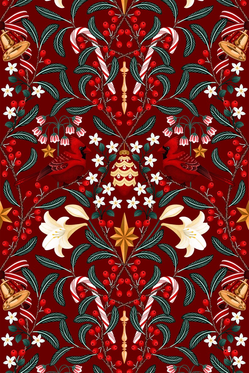 Christmas Day Art Print, Cardinals, Christmas Ornaments, Botanical ...